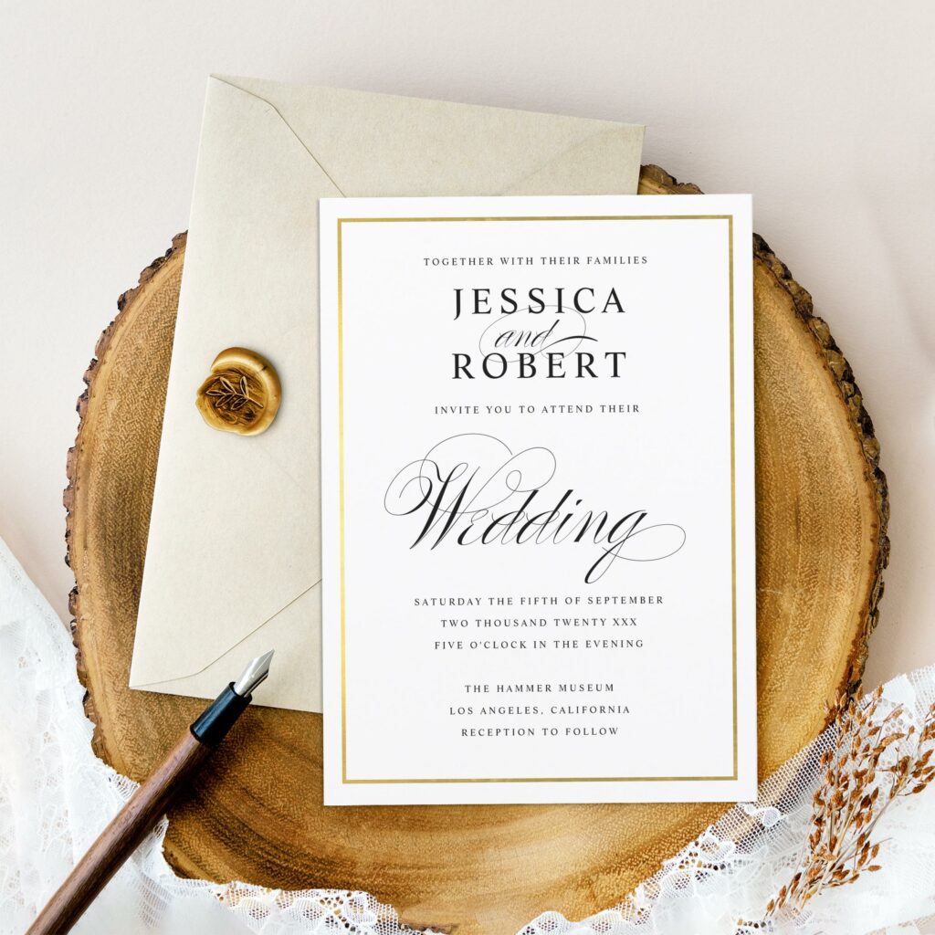 Elegant Script Faux Gold Border Wedding Invitation – Becky Nimoy