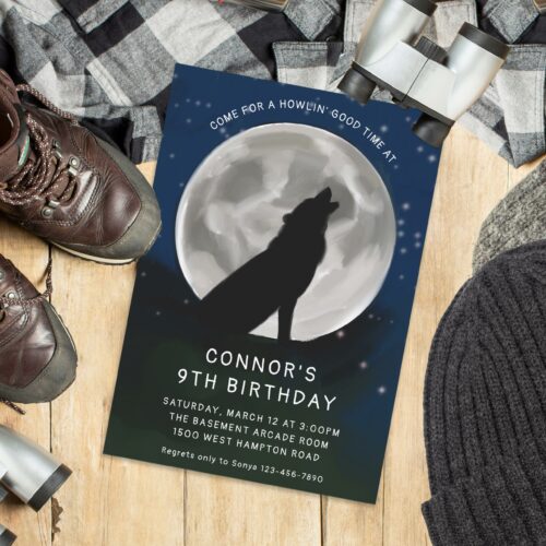 Kids Wolf Howling at the Moon Wolves Party Invitation – Becky Nimoy