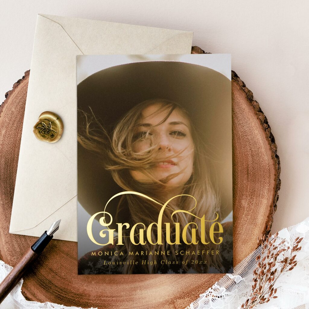 Retro Swash Photo Graduation Gold Announcement – Becky Nimoy