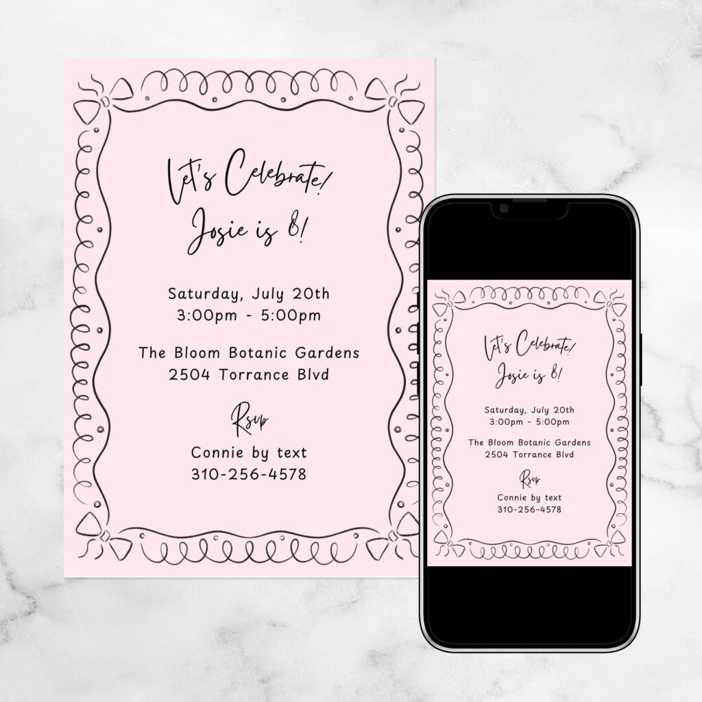 Curly Pen and Ink Bows Frame Invitation Canva Template – Becky Nimoy